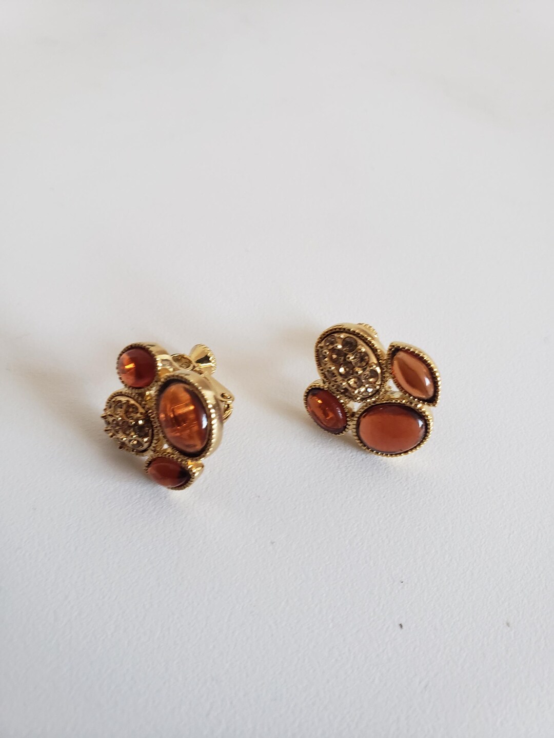 Vintage Amber Style Stones and Small Rhinestones Gold Tone Metal ...