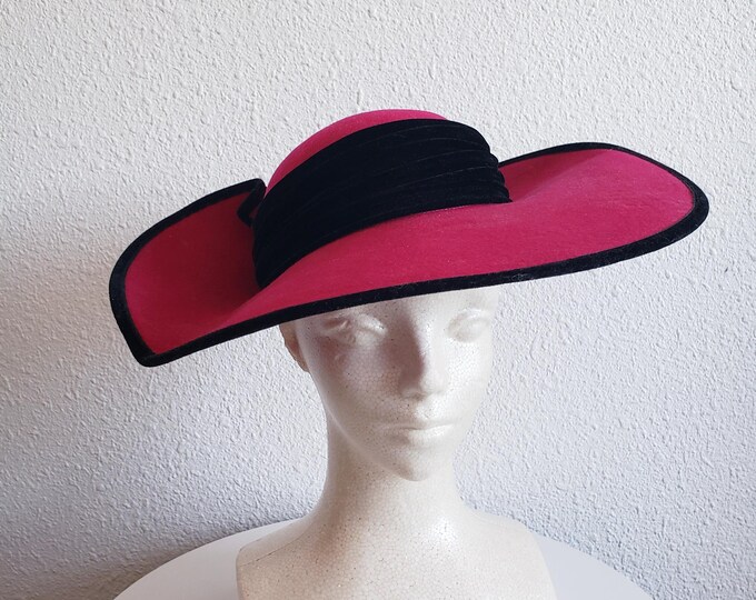 Vintage Whittall&shon Fuchsia Wool Doeskin Felt Hat Wide Brim Black ...