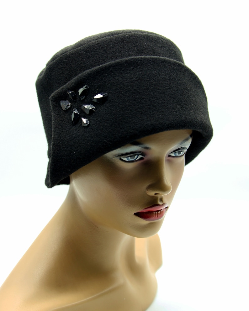 Womens Hat Cloche Elizabeth Black Wool - Vintage Flapper Hats With ...