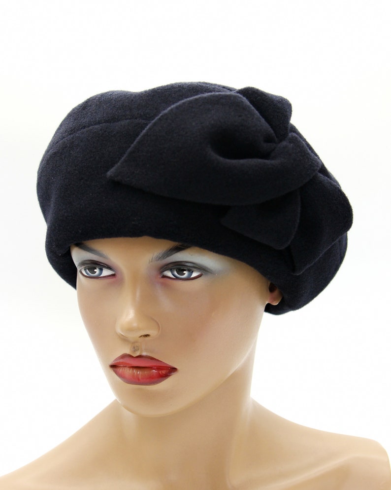 Dark Blue Wool Beret Women's French Style Hat Flower Navy Winter Beret ...