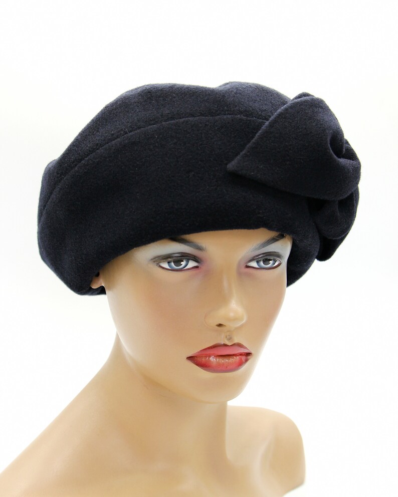 Dark Blue Wool Beret Women's French Style Hat Flower Navy Winter Beret ...