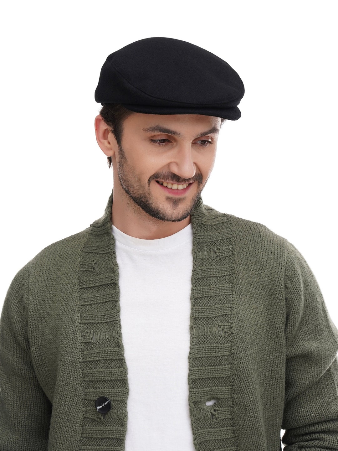 Flat Cap for Men | Black Wool Newsboy Hat | Classic Baker Boy Cap ...