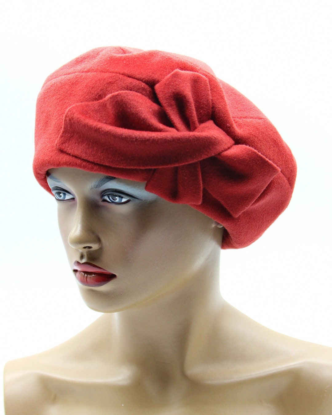 Red Wool Beret Women's French Style Winter Hat Flower Handmade Fashion ...