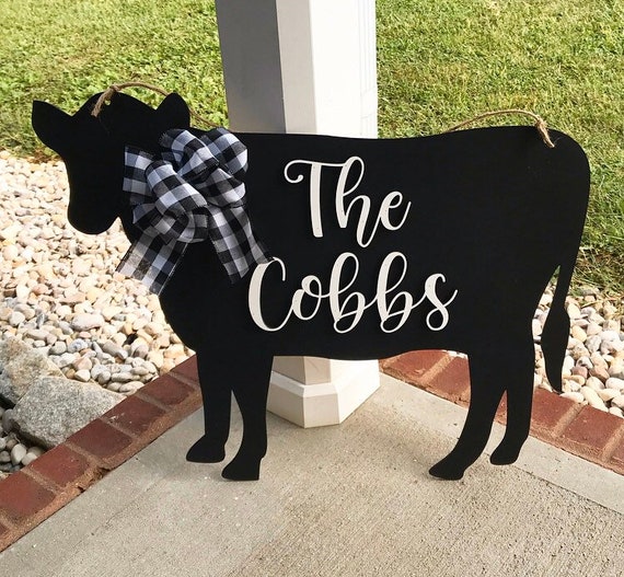 Wood Decor Personalized Cow Sign Farmhouse Sign Cow Door Hanger Cow Tag ...