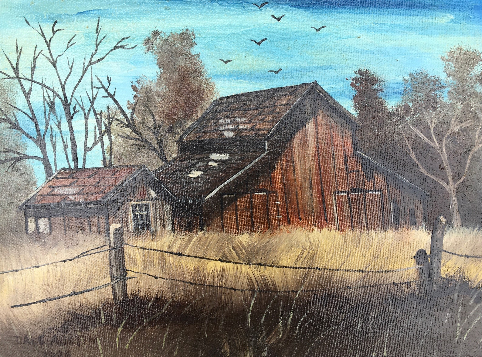Country Barn, Original Vintage Oil Painting, Field, Trees, Birds - Etsy ...