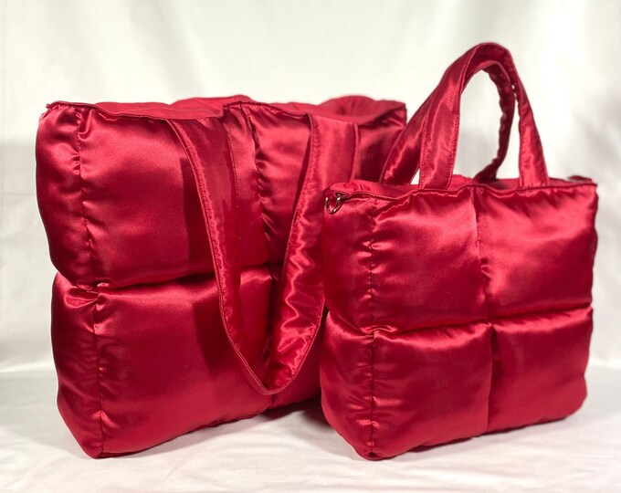Red Love Puff Tote Puffer Tote Tote Bag With Pocket Satin - Etsy