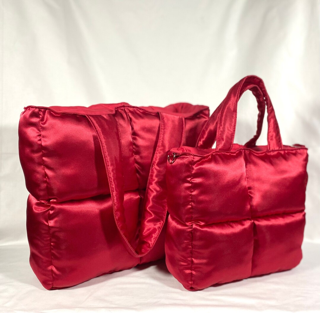 Red Love Puff Tote, Puffer Tote, Tote Bag With Pocket, Satin Tote Bag ...