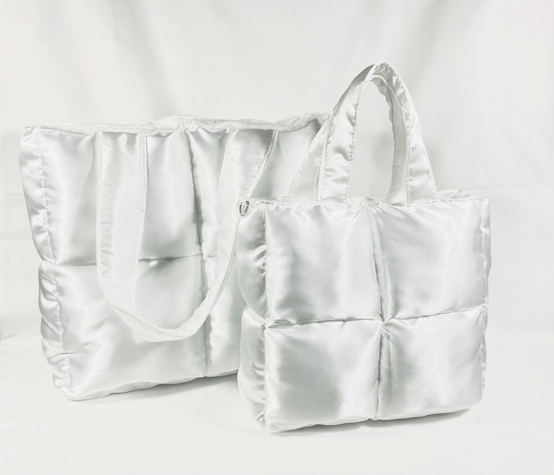Snow White Puff Tote, Puffer Tote, Tote Bag With Pocket, Satin Tote Bag ...