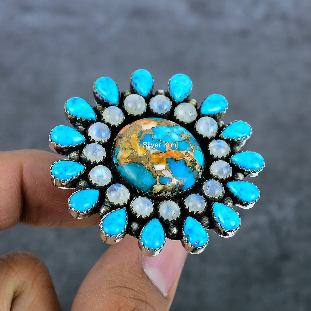 Oyster and Kingman Turquoise Cluster Ring, Rainbow Moonstone 925 Silver ...