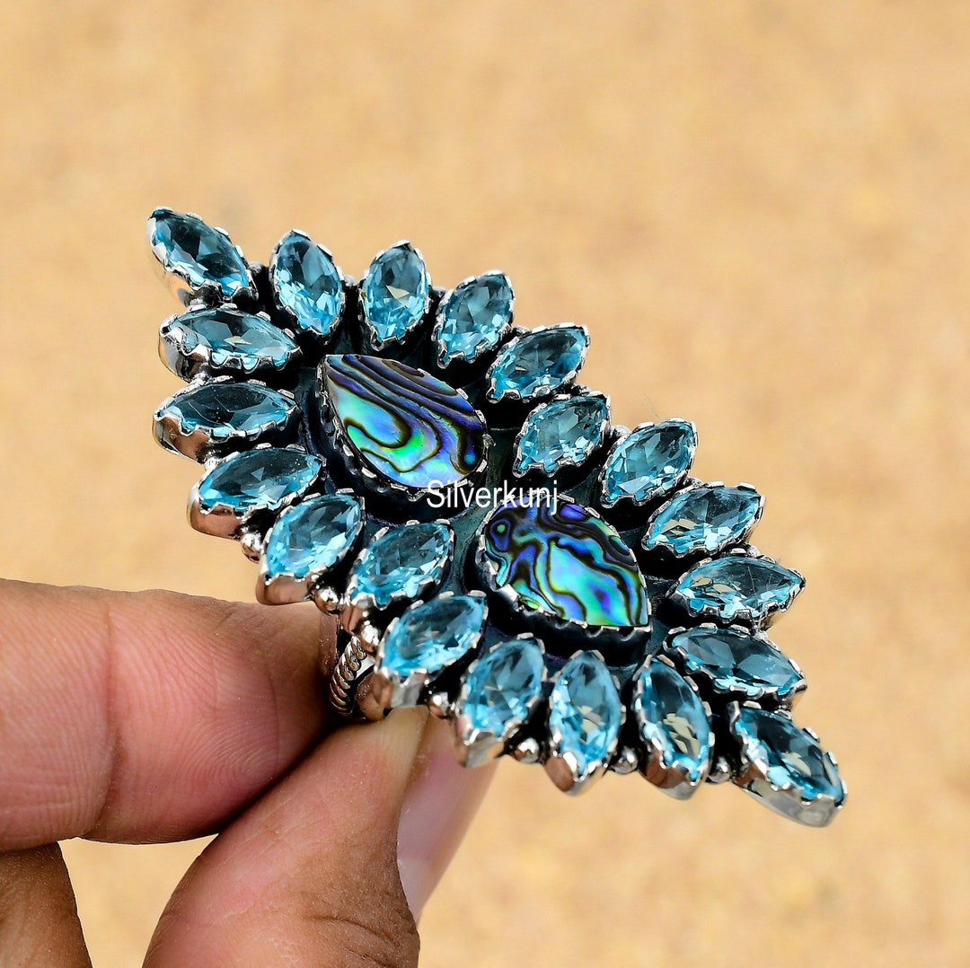 Natural Abalone Shell & Blue Topaz Sterling Silver Ring, Bohemian Ring ...