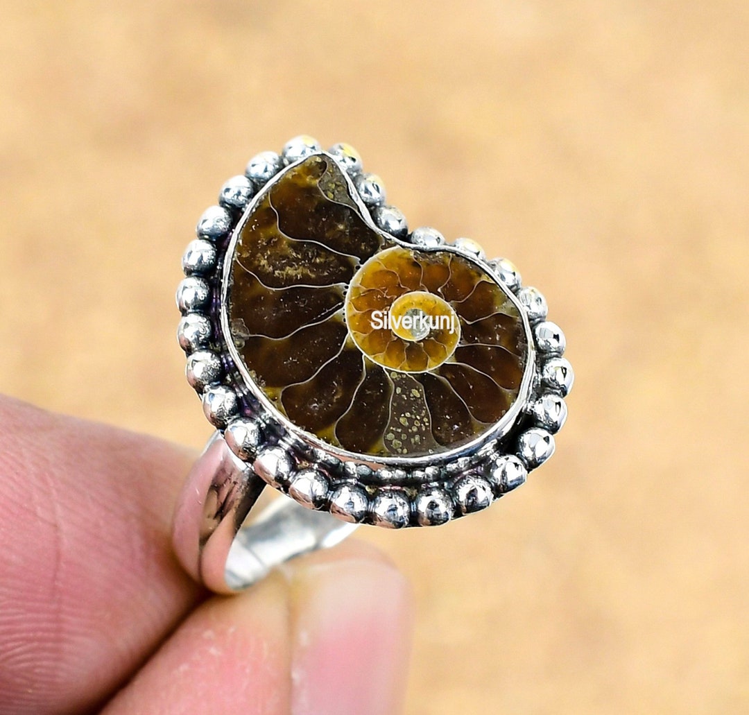 Ammonite Ring, Ammonite Fossil Sterling Silver Ring, Ancient Seashell ...