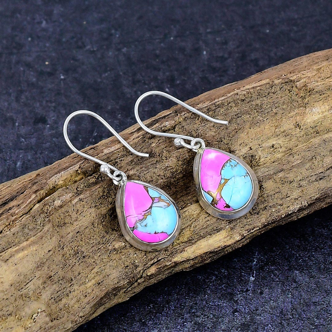 Cotton Candy Turquoise Earrings: Pink Blue Dahlia Gemstone Sterling ...