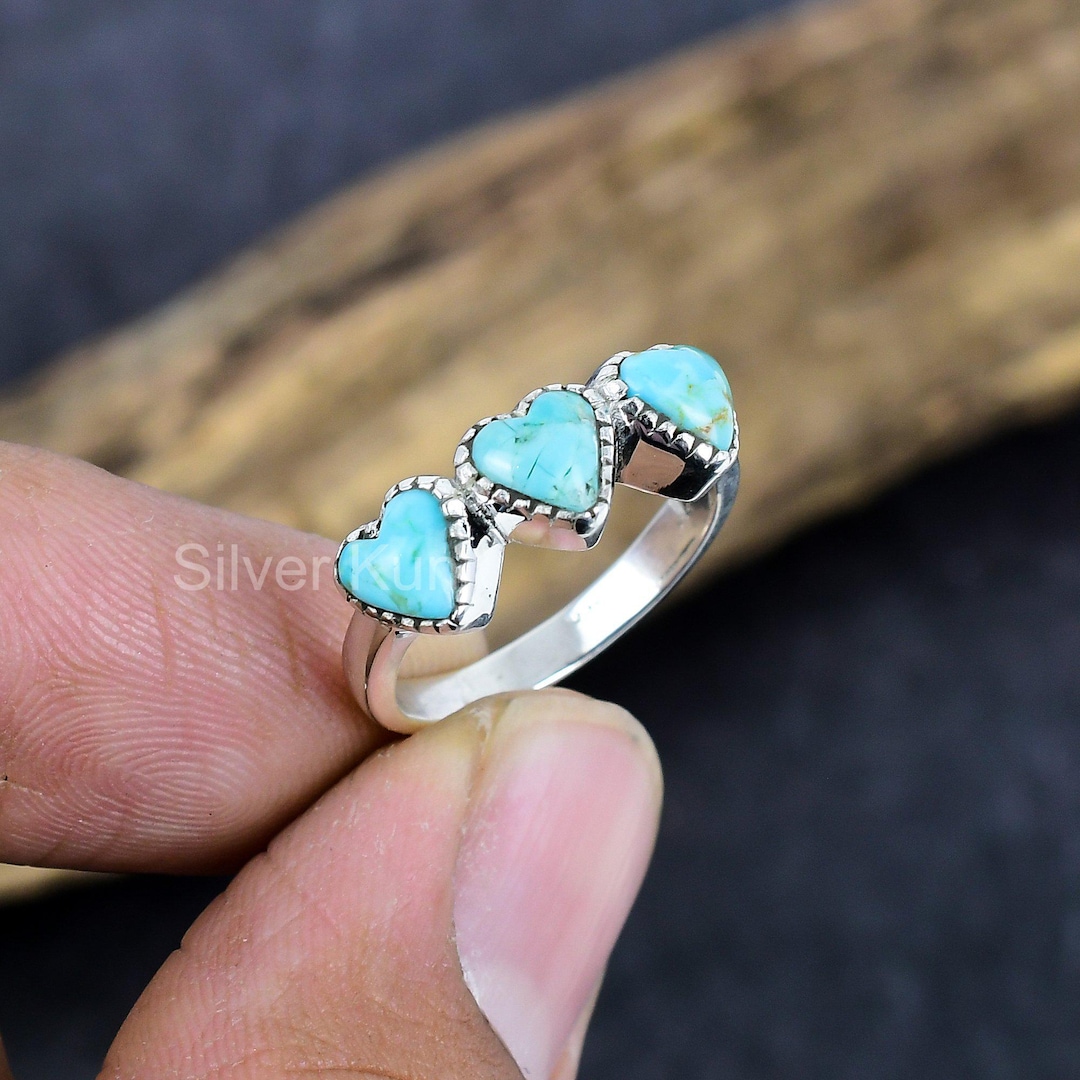 Kingman Turquoise Heart Ring: Sterling Silver Three-stone Birthstone ...