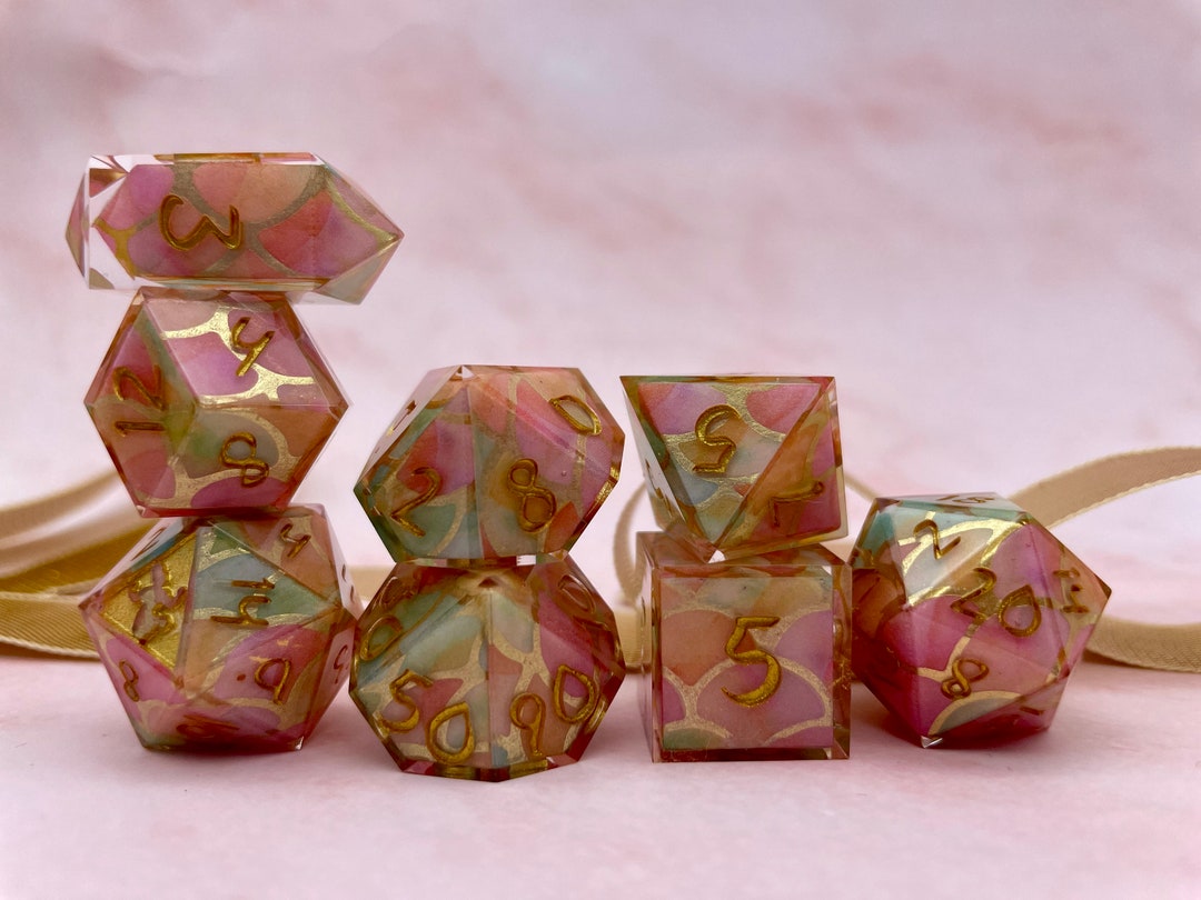 Coral Dragon Full Handmade 7/8 Piece Sharp Edge Polyhedral Dice Set RPG ...