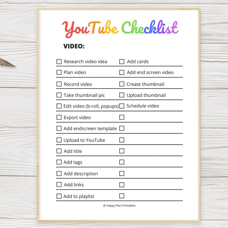 Youtube Video Checklist - Etsy