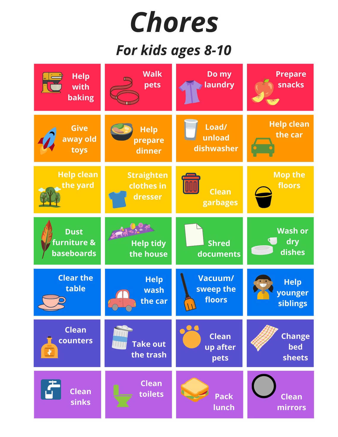 Kids Printable Chore Chart Ages 8-10 - Etsy Canada
