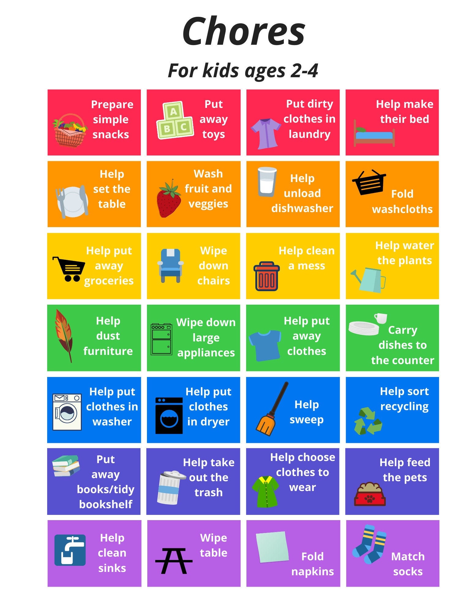 Kids Printable Chore Chart Ages 2-4 | Etsy
