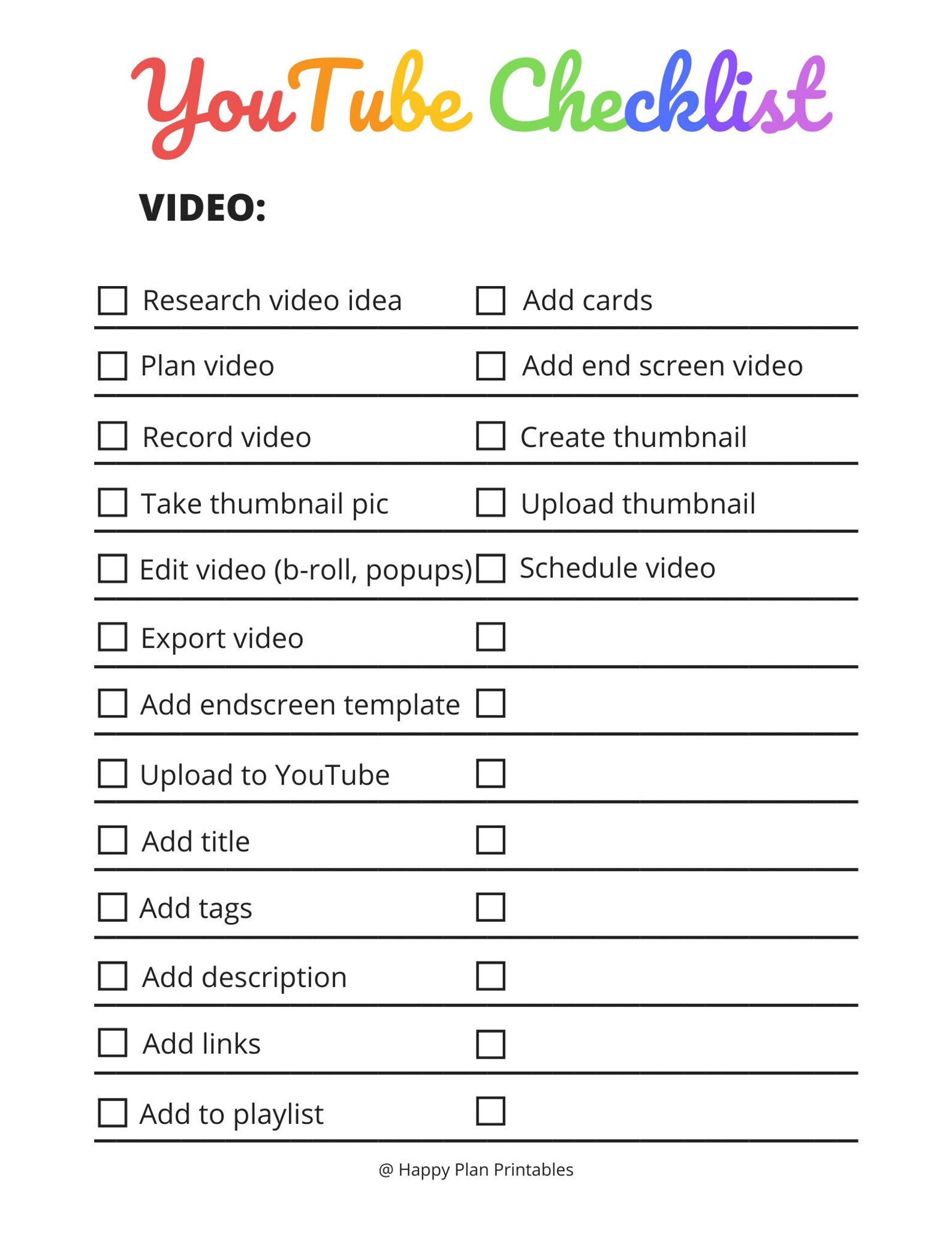 Youtube Video Checklist Printable - Etsy Canada