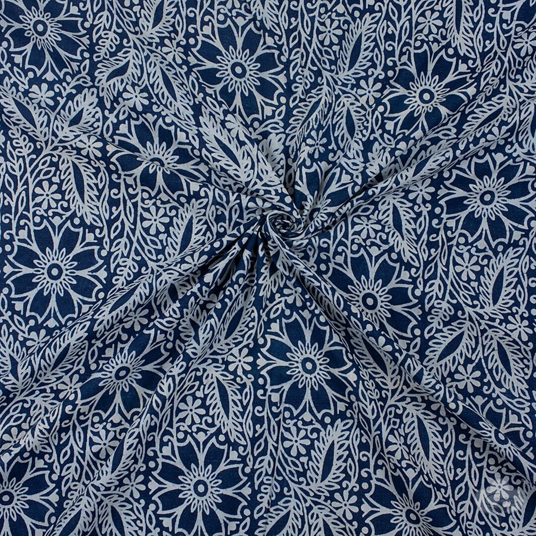 Indigo Blue Block Printed Cotton Fabric - Ethnic Textile, Artisanal ...
