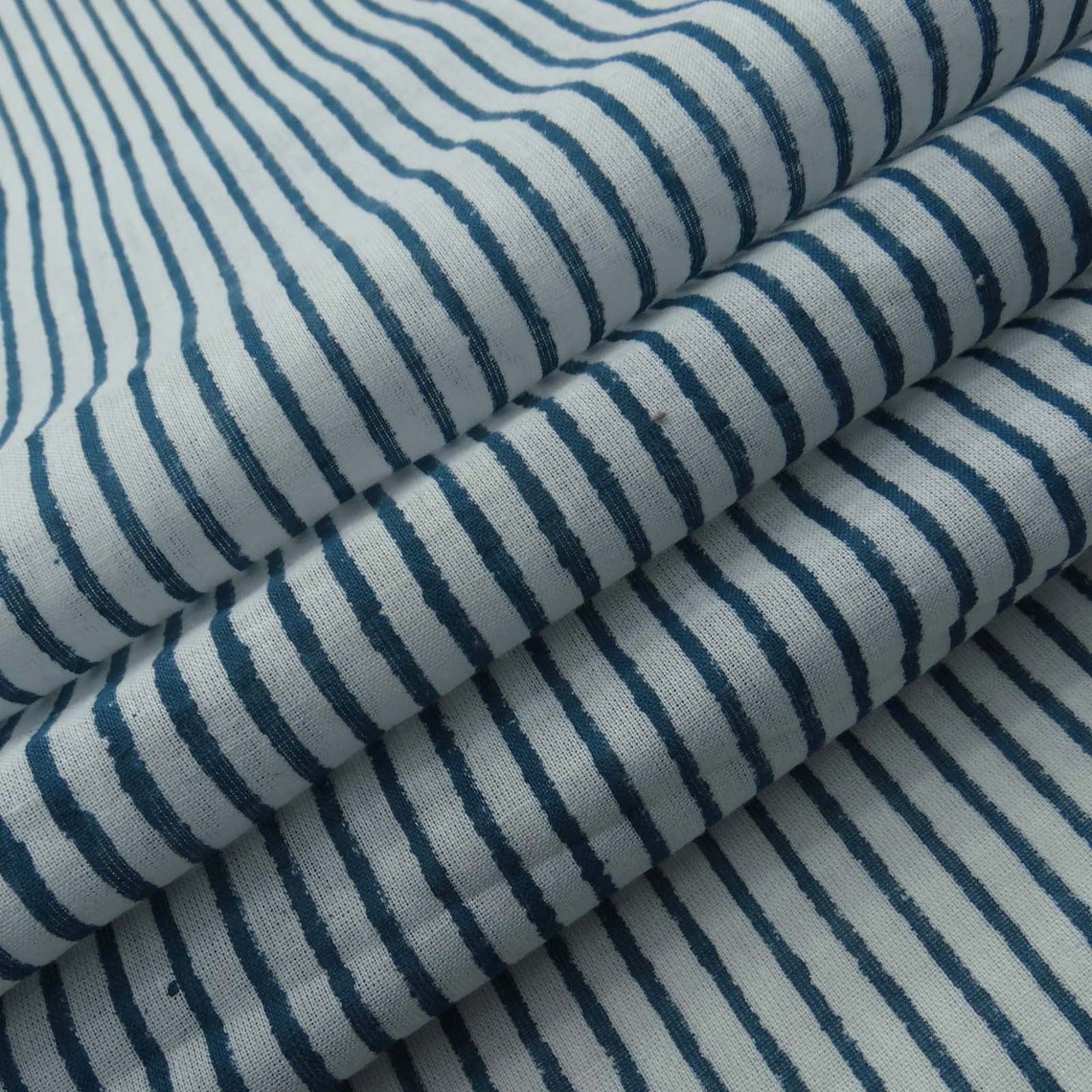 Blue Striped Fabric by the Yard Cotton Hand Block Print - Etsy