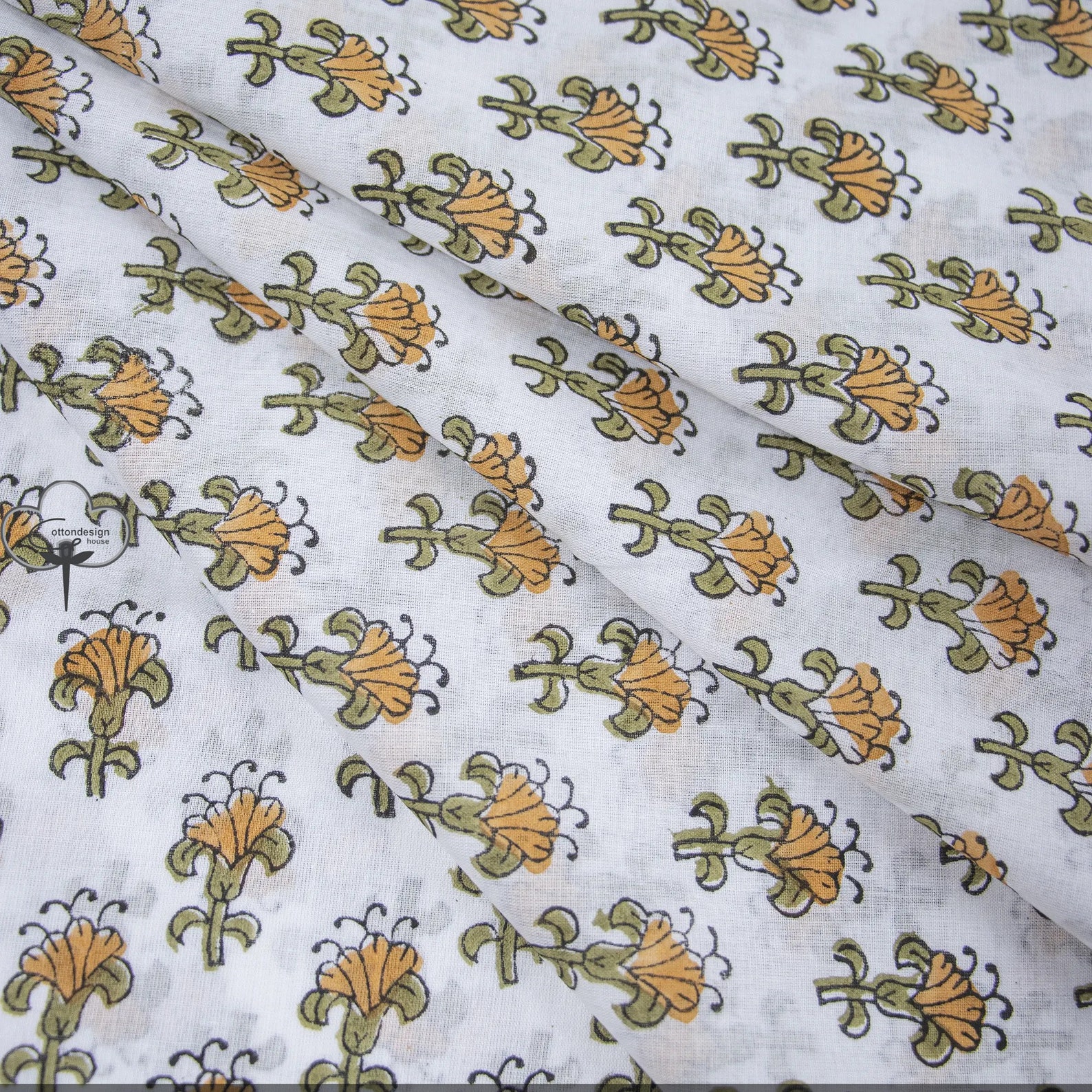 Yellow Green Hand Block Print Fabric Indian Cotton Natural Light Weight ...