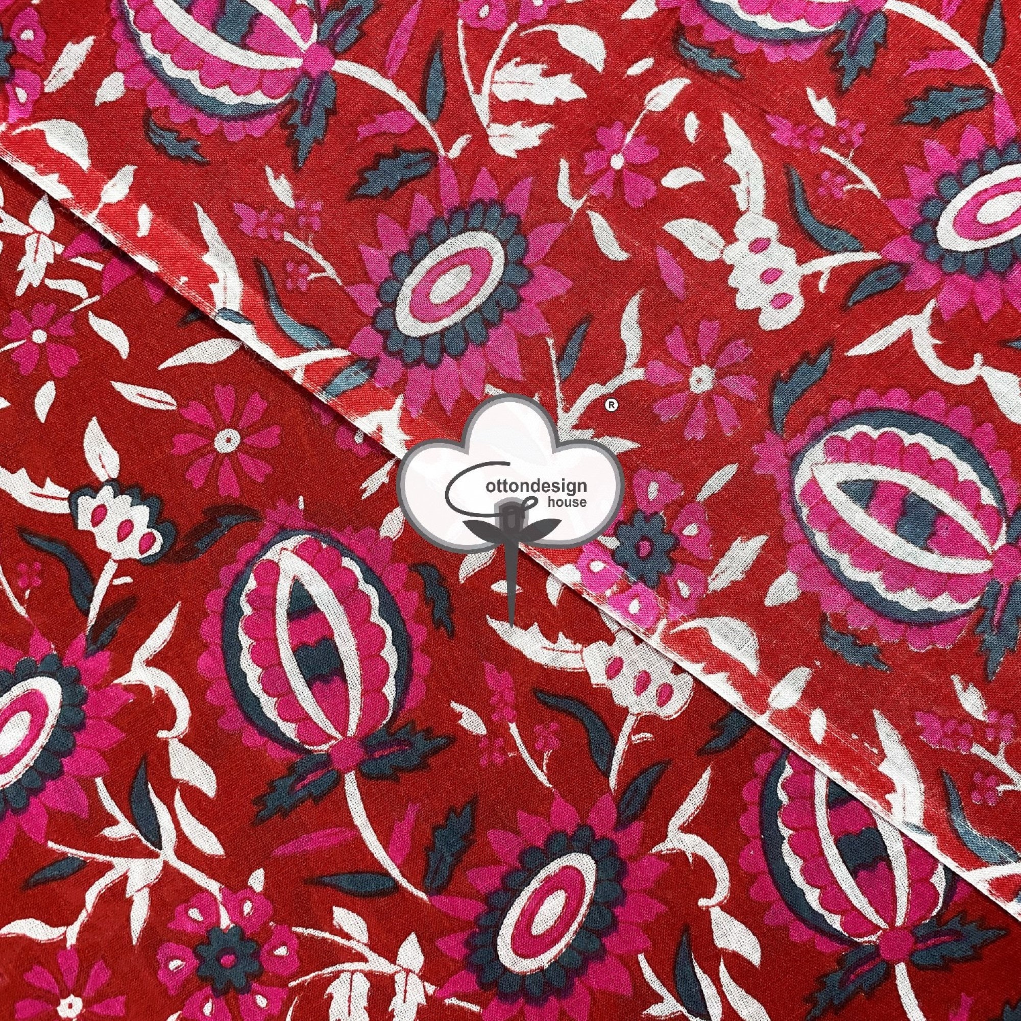 Red Floral Cotton Fabric by Yard Hand Block Print Quilting | Etsy