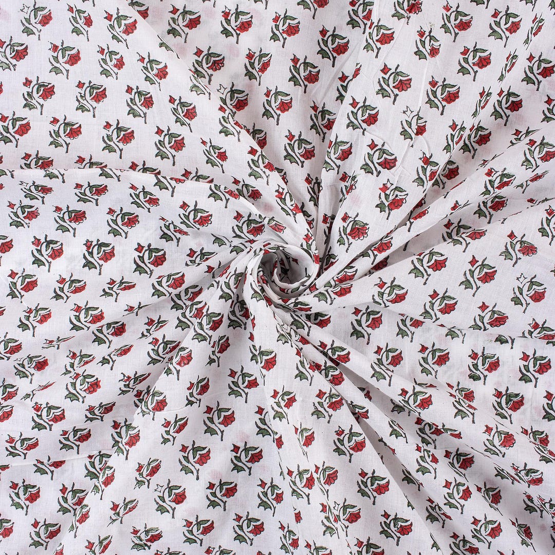Red Green Hand Block Floral Printed Fabric Indian 100% Cotton Light ...