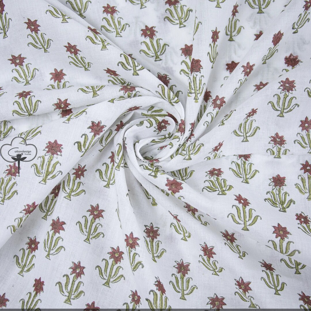 Red Green Hand Block Print Fabric Indian 100% Pure Cotton Running ...