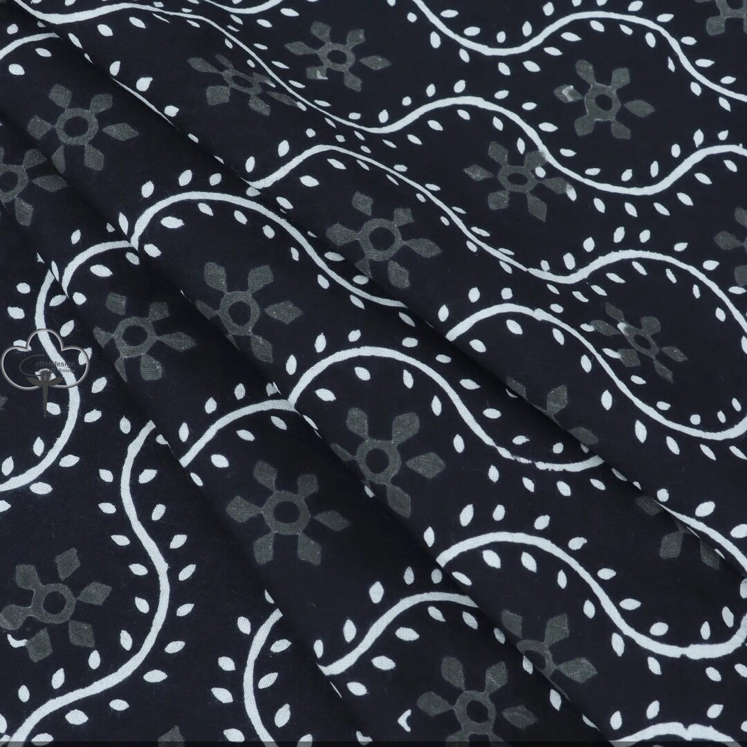 Hand Block White Black Color Print Fabric Indian 100% Pure Cotton ...