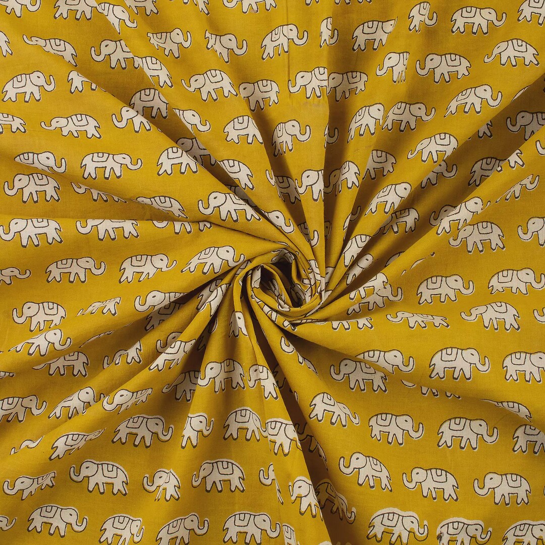 Handmade Mustard Elephant Block Print Fabric - Authentic Indian Bagru ...