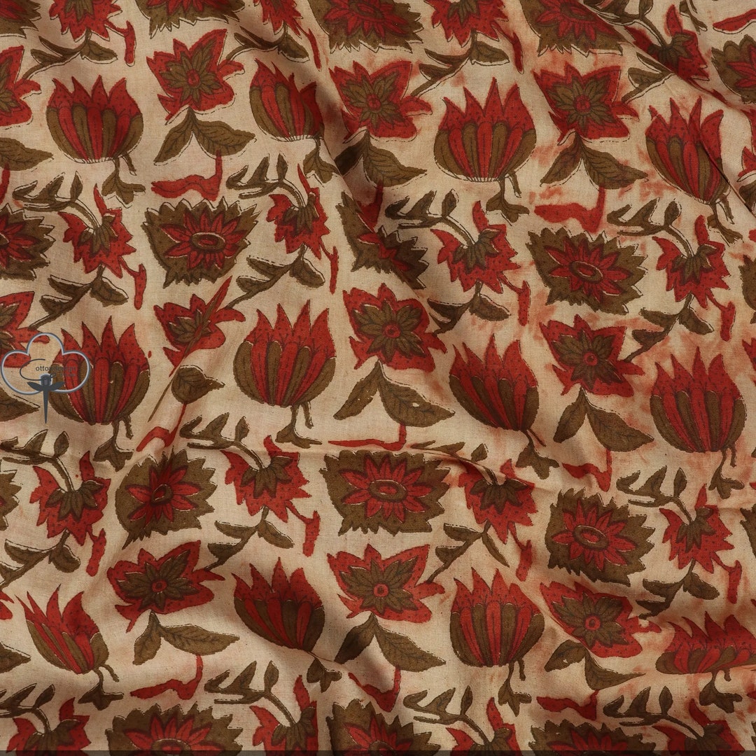 Red Green Hand Block Fabric Indian 100% Pure Cotton Floral Print Fabric ...