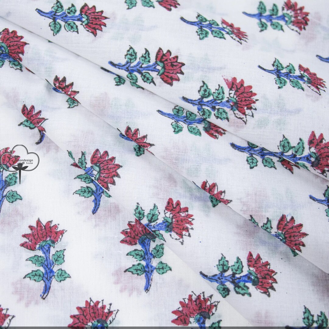 Indian Hand Block Red Blue Floral Print Fabric for Women's Clothing ...