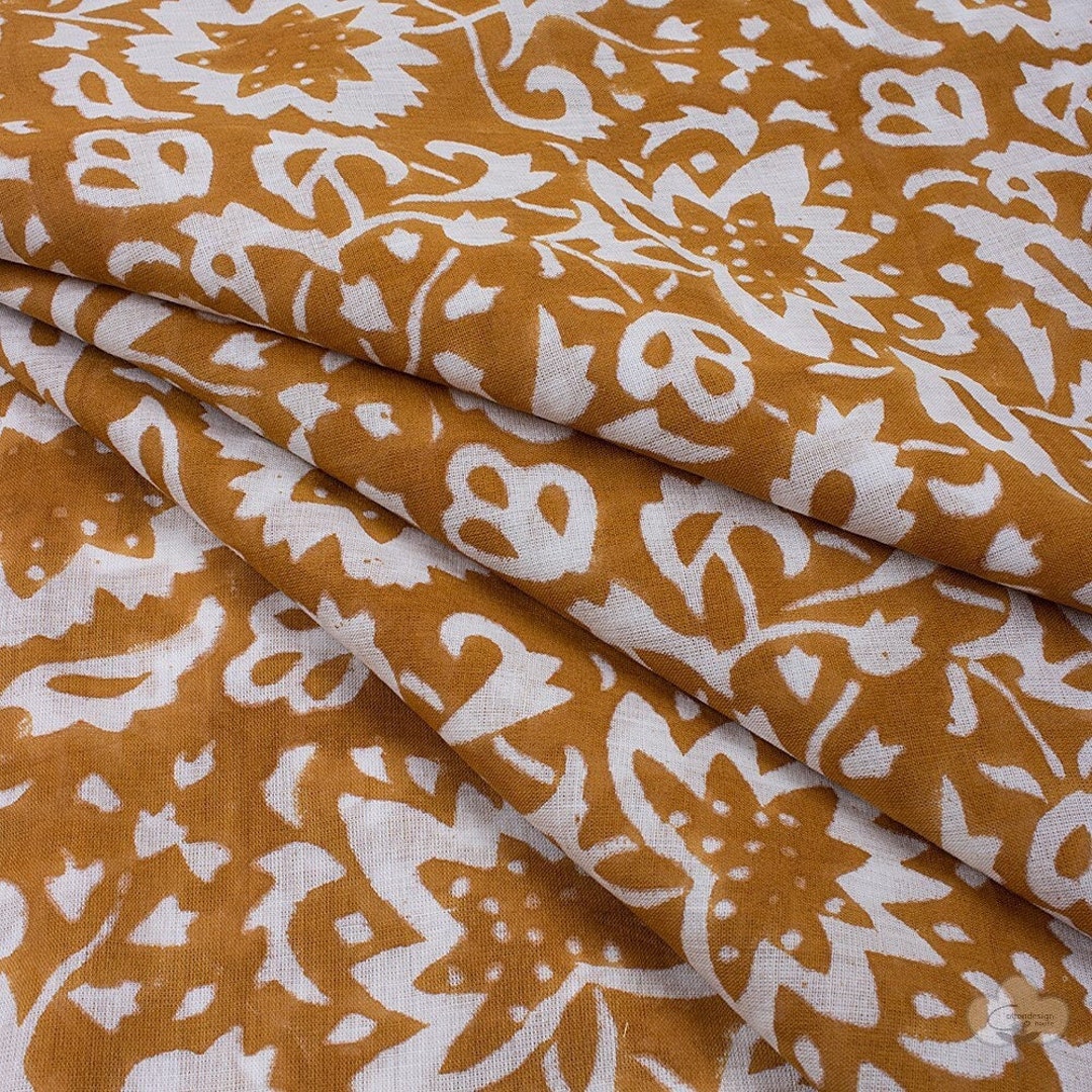 Hand Block Print, Orange Floral Print, Soft Cotton Fabric, Fabric ...