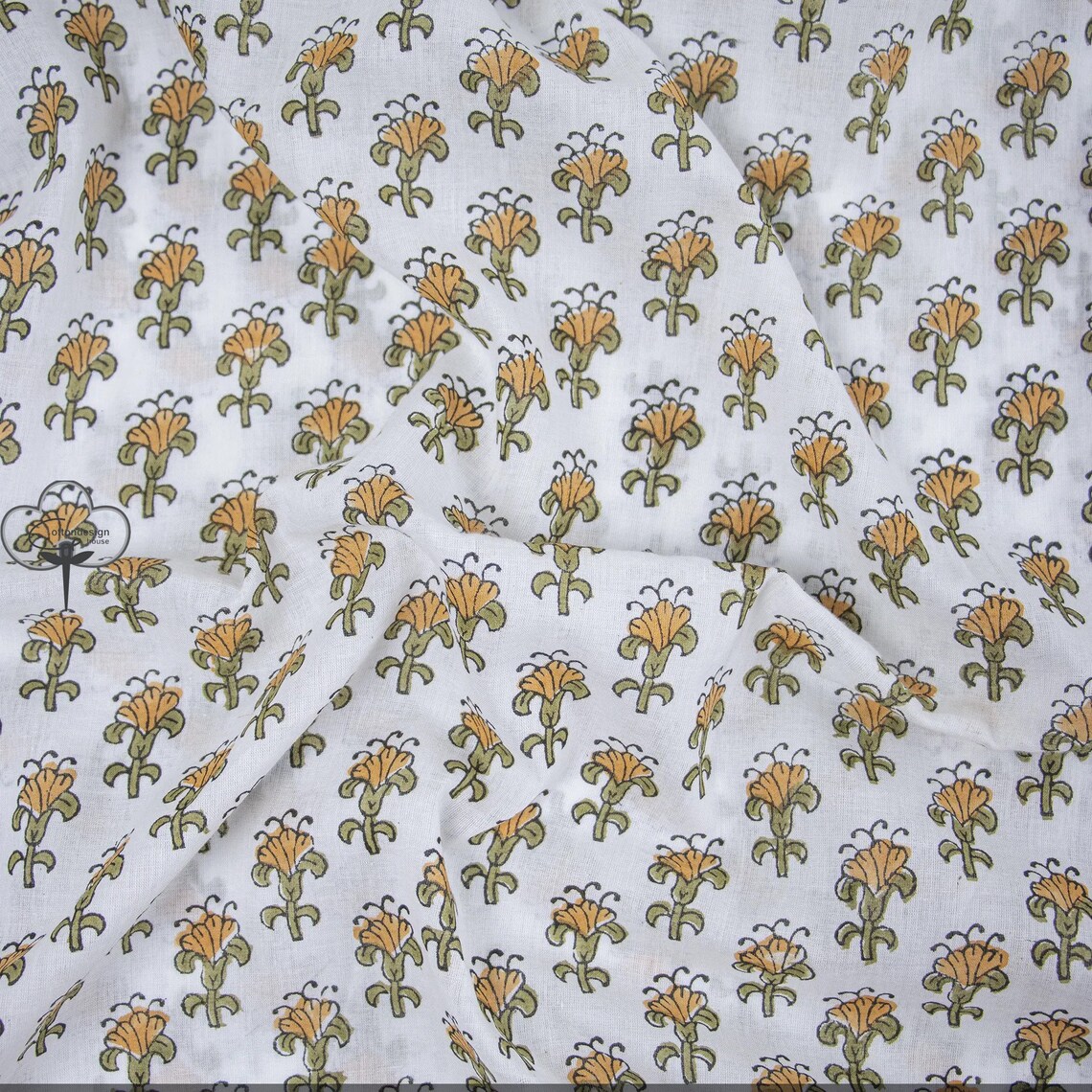 Yellow Green Hand Block Print Fabric Indian Cotton Natural Light Weight ...
