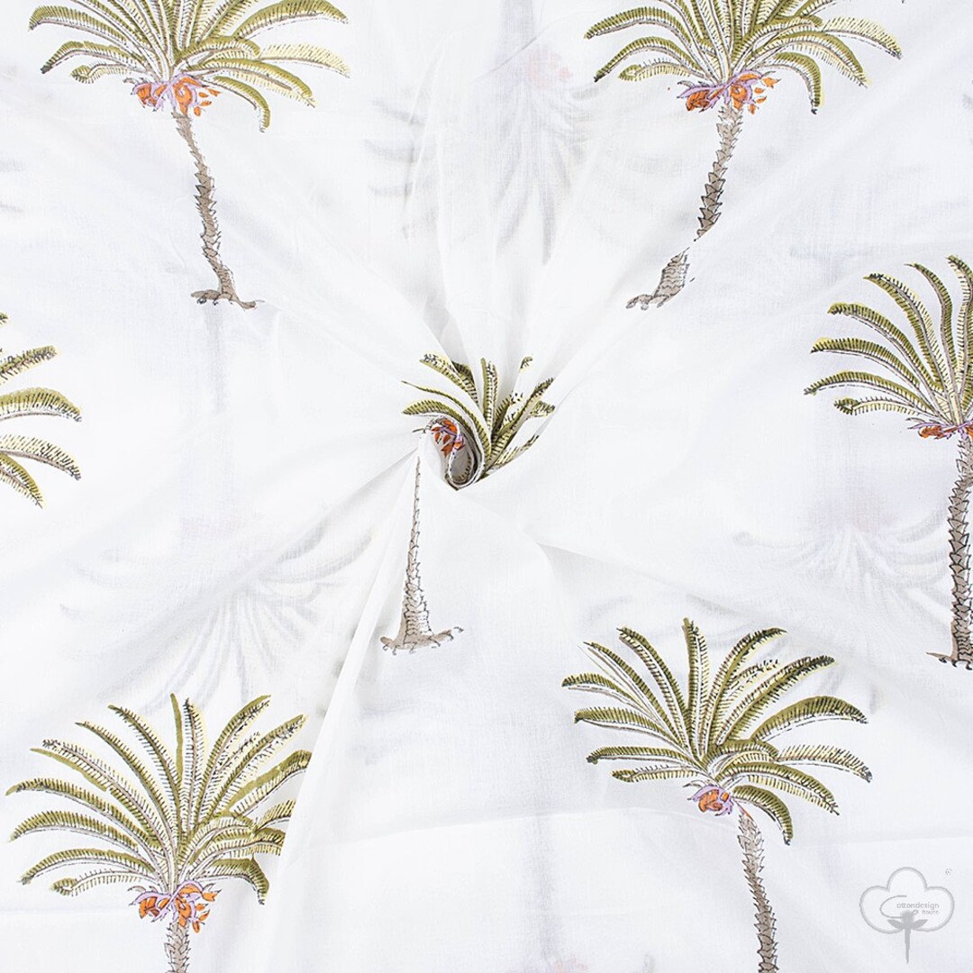 Green Palm Tree Indian Block Print Fabric Natural Light Wight Cotton ...