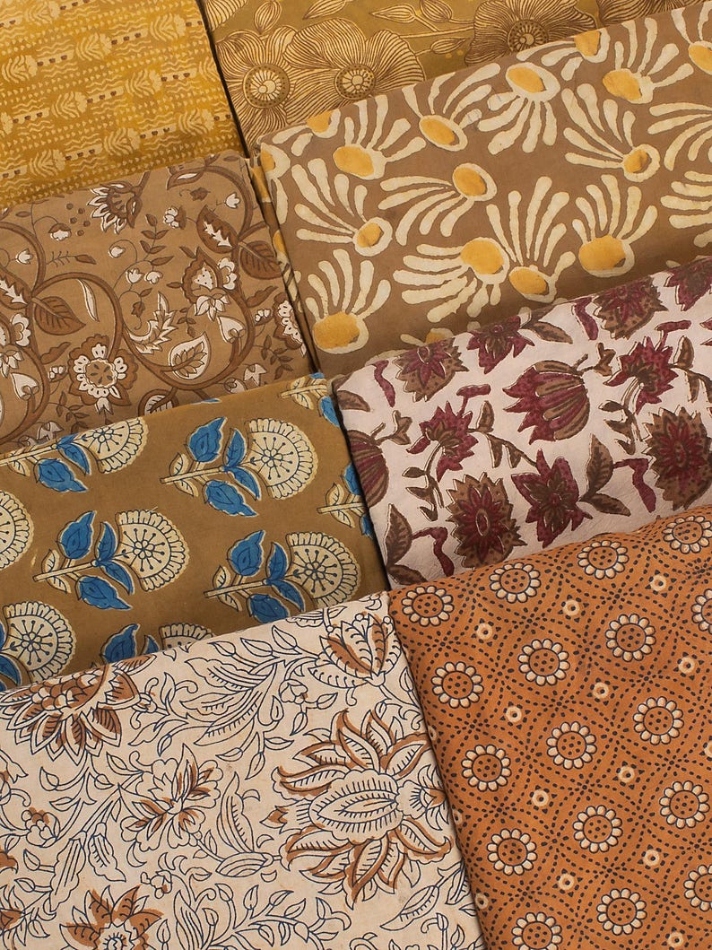Mustard Color Bundles Fabric Hand Block Printed Dabu Floral Fabric ...