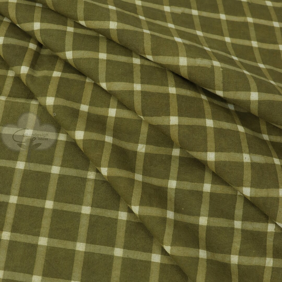 Soft Cotton Checks Fabric, Hand Block Print Green Color Fabric, Indian ...
