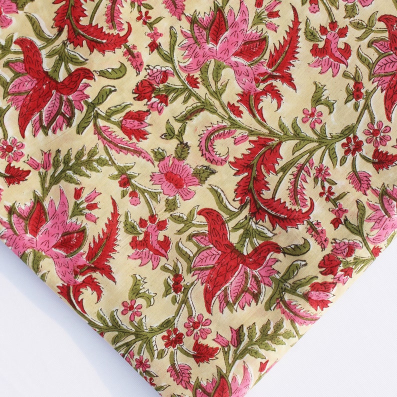 Indian Cotton Fabric Hand Block Print Fabric Red Green Floral Print ...