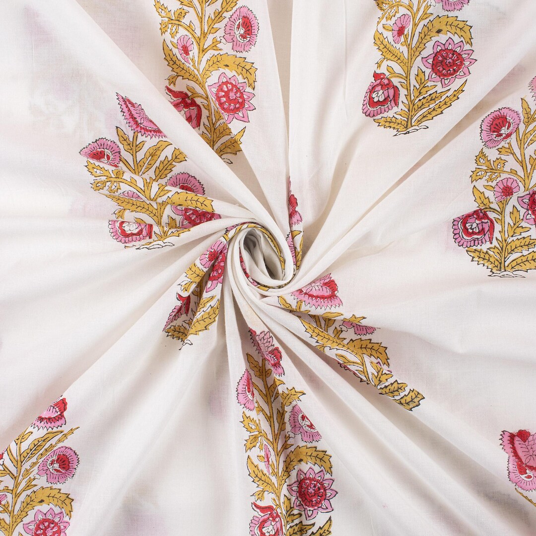 Hand Block Print Cotton Fabric, Pink and Gold Floral Buti, Traditional ...