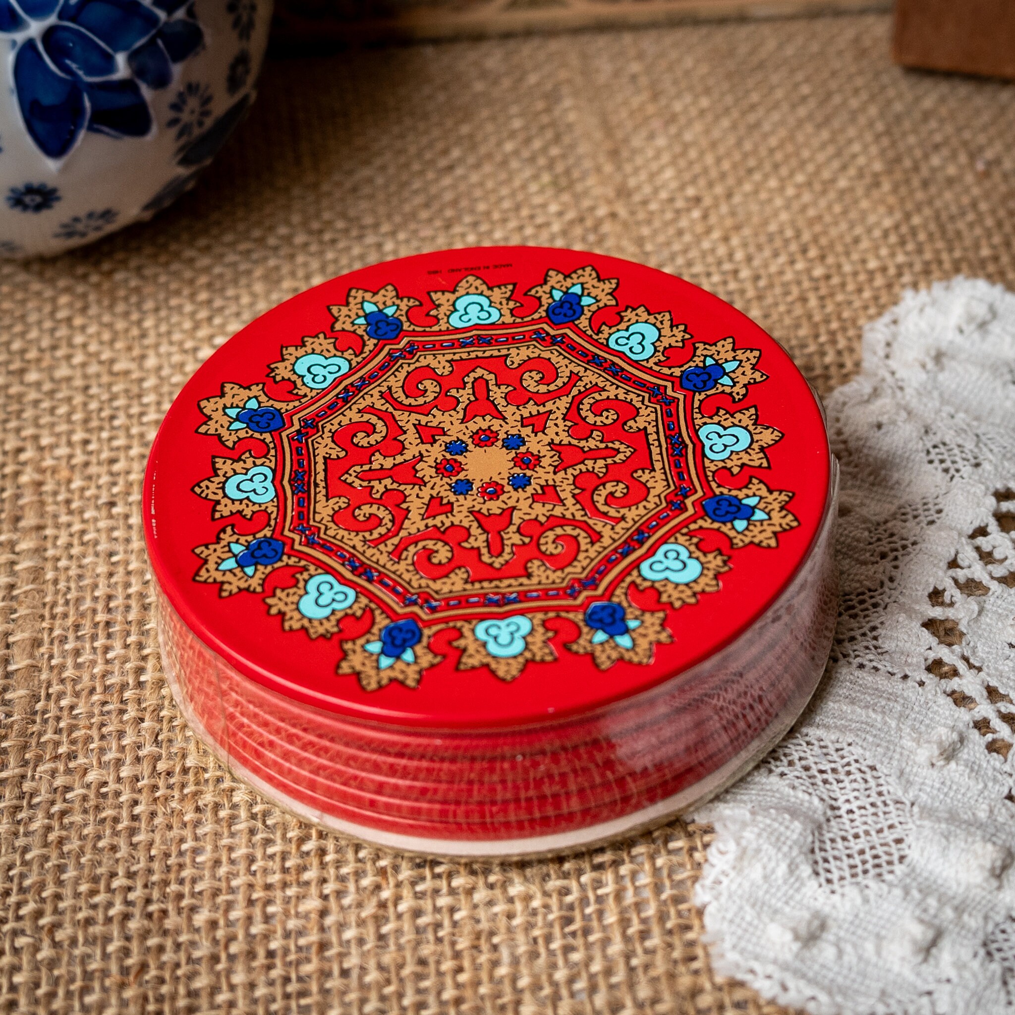 Set of 6 Vintage Reginald Corfield Ltd. Cork Backed Red Patterned ...