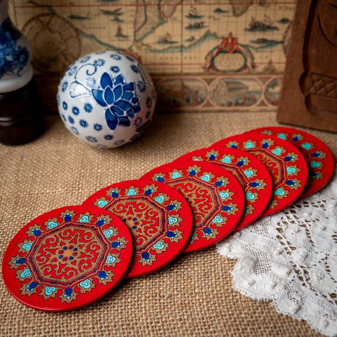 Set of 6 Vintage Reginald Corfield Ltd. Cork Backed Red Patterned ...