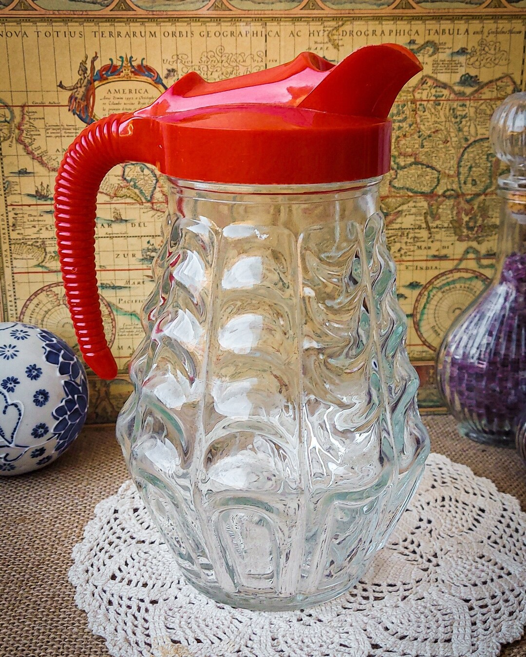 Vintage 60s 70s MCM Space Age Glass Red Plastic Mello Juice Jug Sixties ...