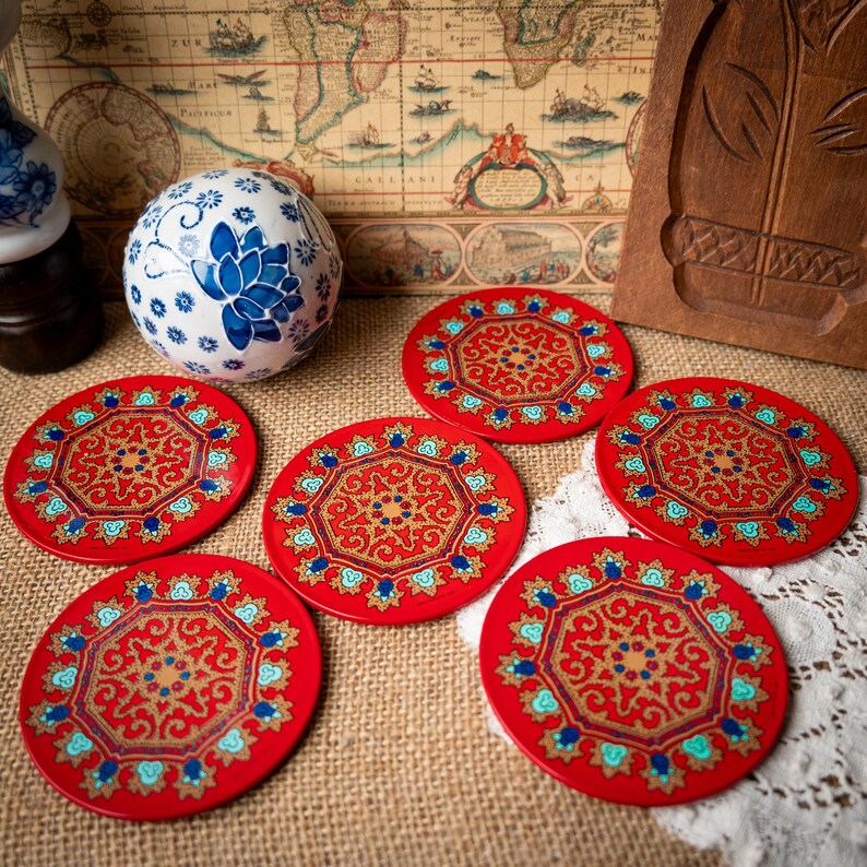 Set of 6 Vintage Reginald Corfield Ltd. Cork Backed Red Patterned ...