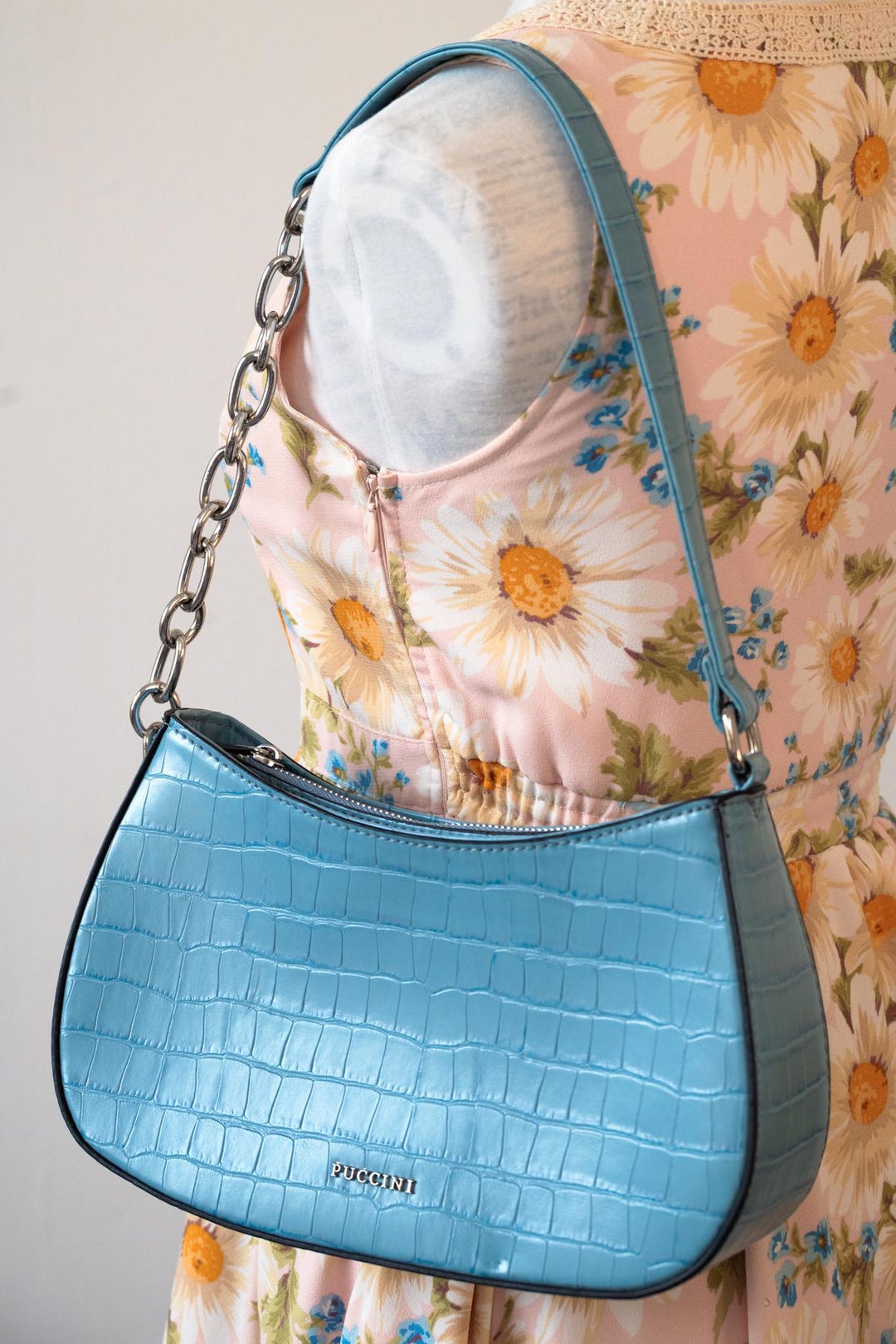 Y2K Blue Croc Embossed Puccini Shoulder Bag Faux Leather Chain Strap ...