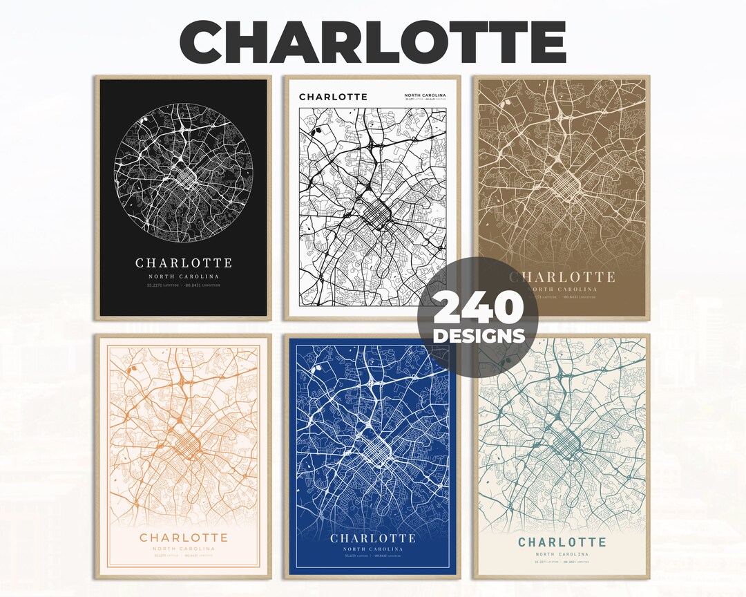 Charlotte City Poster, Map of Charlotte, Charlotte Road Map Poster ...
