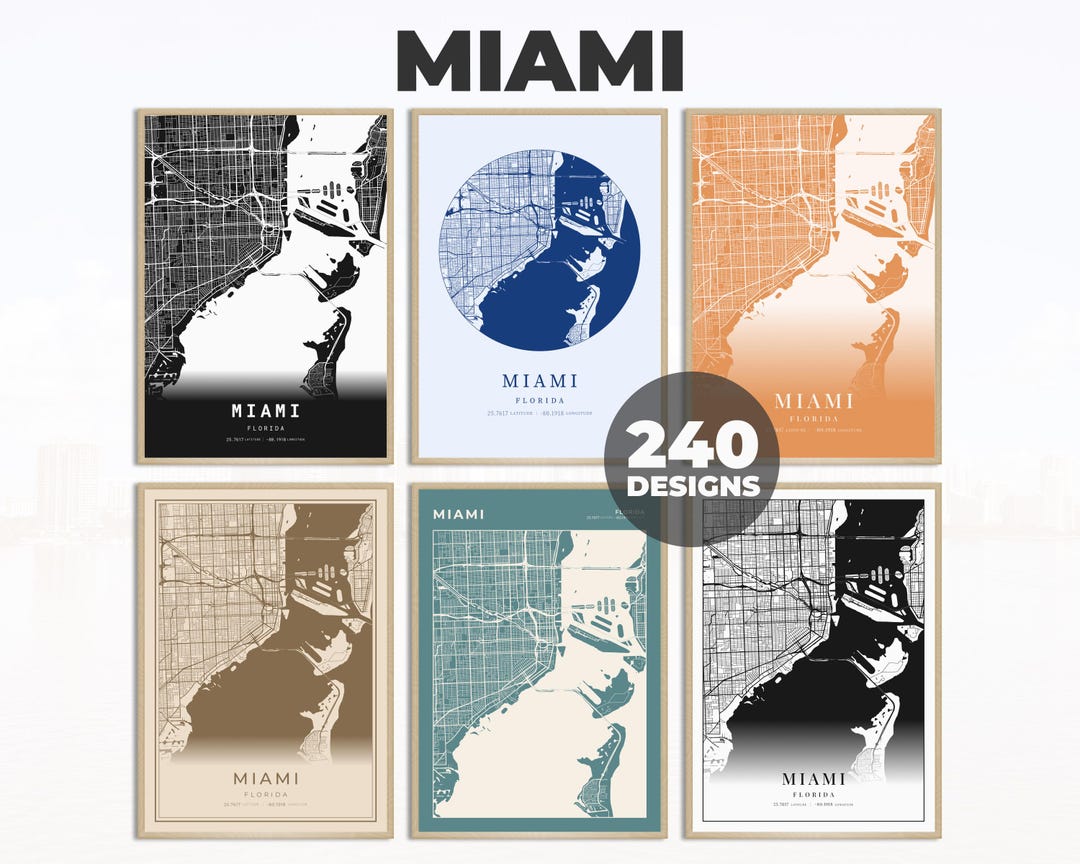 Miami Map Poster, Miami Wall Art, Miami Florida, Miami Cartography Map ...