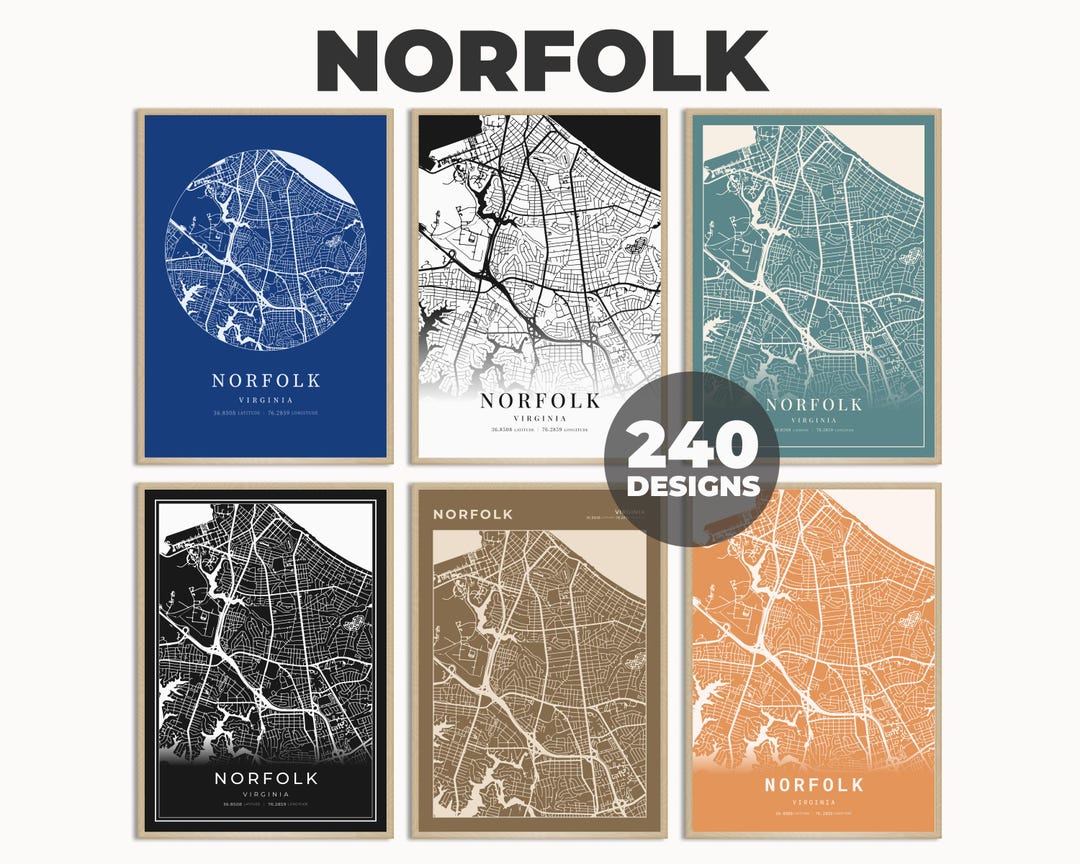 Norfolk City Poster, Map of Norfolk, Norfolk Cartography Map, Norfolk ...
