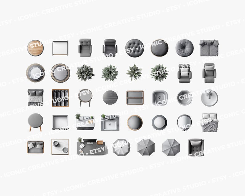 Modern Grey Home Decor Elements, Top View Furniture Clipart Set for ...