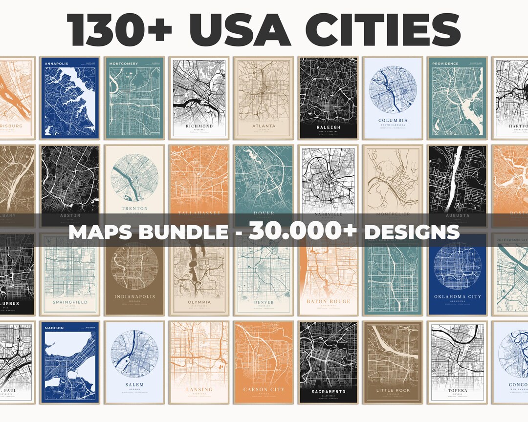 USA Cities Prints Bundle, All US State Capitals Map Art, United States ...
