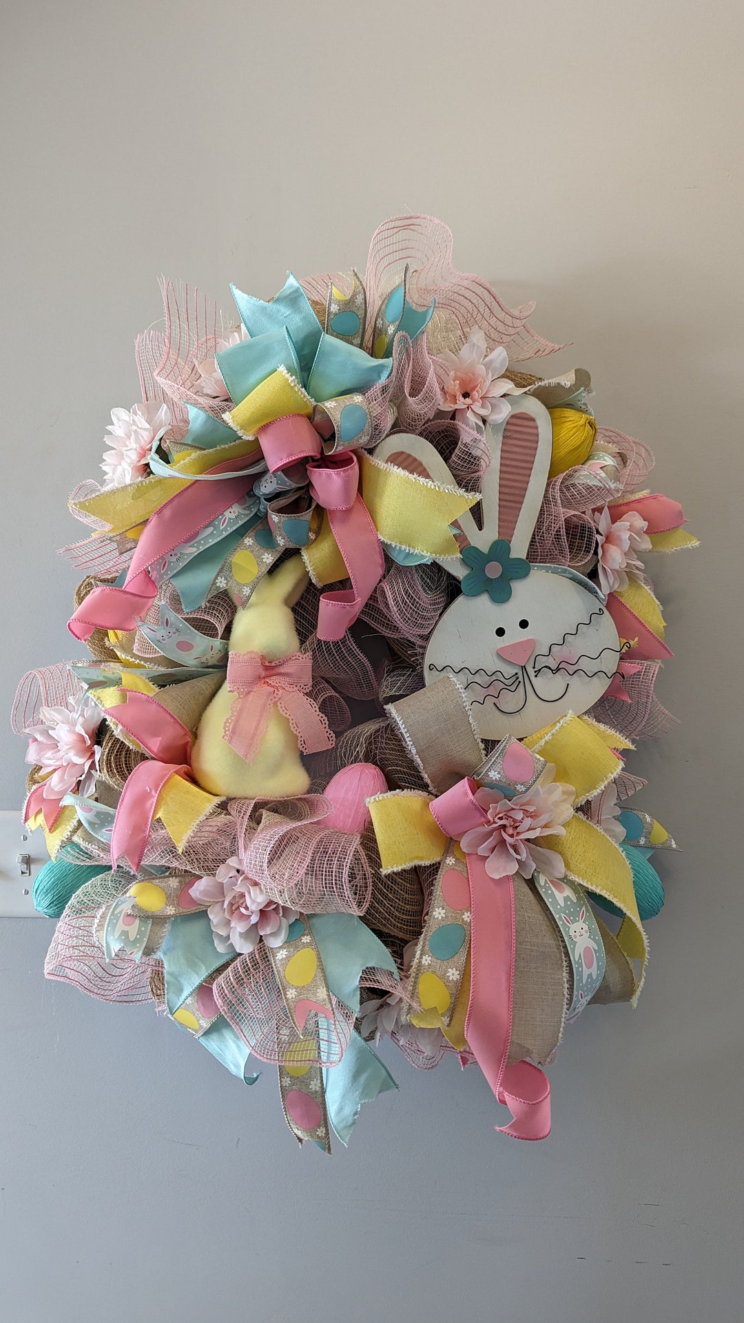 Pink Bunny Easter Wreath, Yellow Bunny Easter Door Wreath, Easter Bunny ...